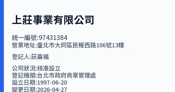 上莊事業有限公司的照片-統編 97431384(臺北市) 公司登記資料與營業項目詳細圖表