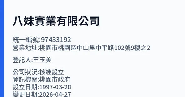 八妹實業有限公司的照片-統編 97433192(桃園市) 公司登記資料與營業項目詳細圖表