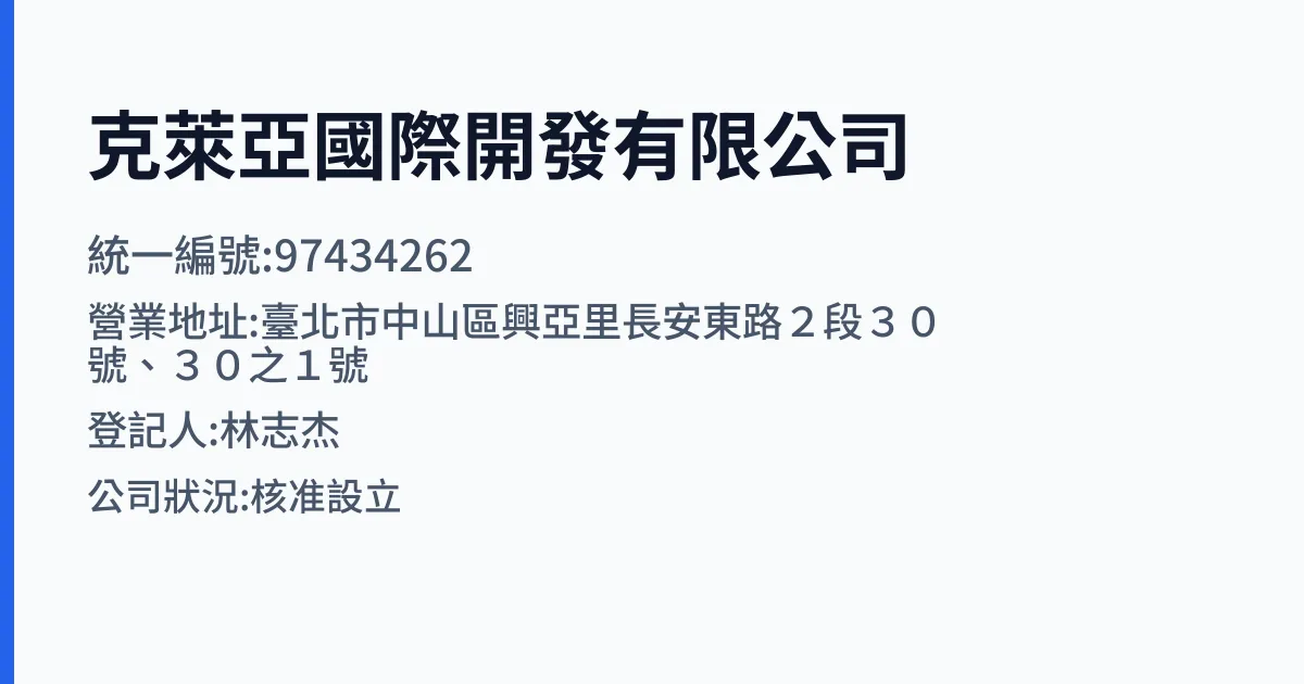 克萊亞國際開發有限公司 - 統編 97434262(臺北市) 公司登記資料與營業項目詳細圖表
