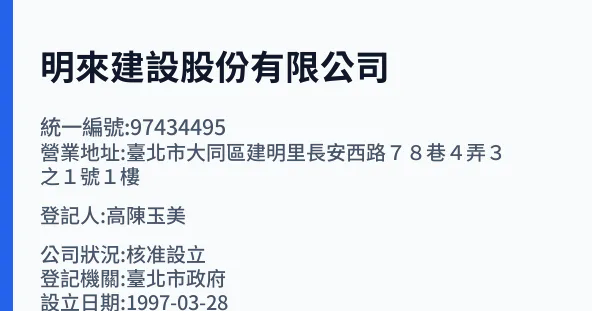 明來建設股份有限公司的照片-統編 97434495(臺北市) 公司登記資料與營業項目詳細圖表