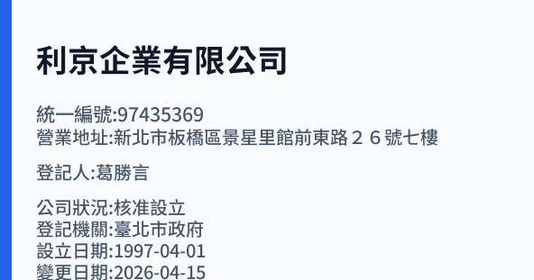 利京企業有限公司的照片-統編 97435369(臺北市) 公司登記資料與營業項目詳細圖表