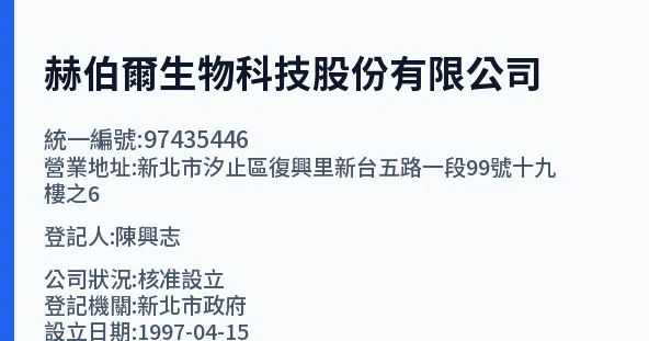 赫伯爾生物科技股份有限公司的照片-統編 97435446(新北市) 公司登記資料與營業項目詳細圖表