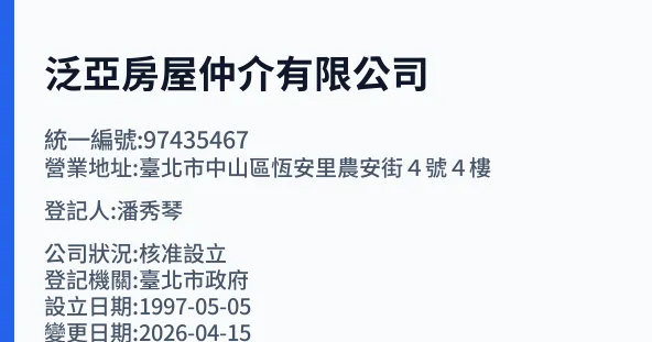 泛亞房屋仲介有限公司的照片-統編 97435467(臺北市) 公司登記資料與營業項目詳細圖表