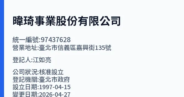暐琦事業股份有限公司的照片-統編 97437628(臺北市) 公司登記資料與營業項目詳細圖表