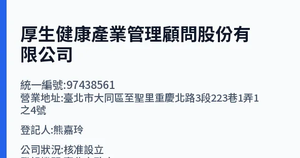 厚生健康產業管理顧問股份有限公司的照片-統編 97438561(臺北市) 公司登記資料與營業項目詳細圖表