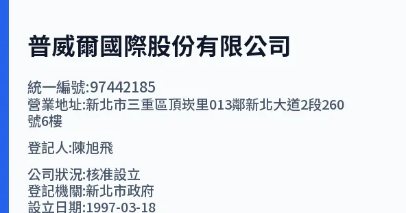 普威爾國際股份有限公司的照片-統編 97442185(新北市) 公司登記資料與營業項目詳細圖表