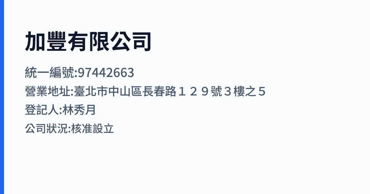 加豐有限公司 - 統編 97442663(臺北市) 公司登記資料與營業項目詳細圖表