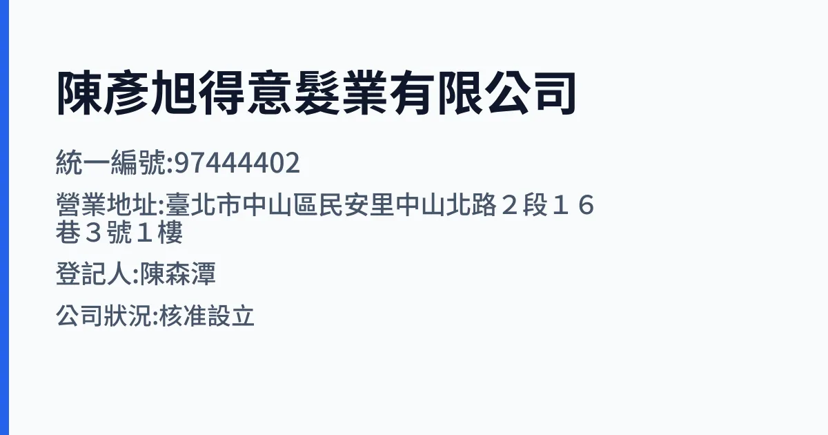 陳彥旭得意髮業有限公司 - 統編 97444402(臺北市) 公司登記資料與營業項目詳細圖表