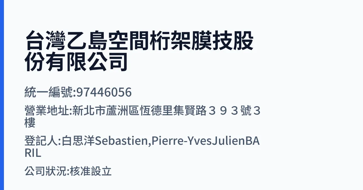 台灣乙島空間桁架膜技股份有限公司 - 統編 97446056(新北市) 公司登記資料與營業項目詳細圖表