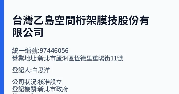 台灣乙島空間桁架膜技股份有限公司的照片-統編 97446056(新北市) 公司登記資料與營業項目詳細圖表