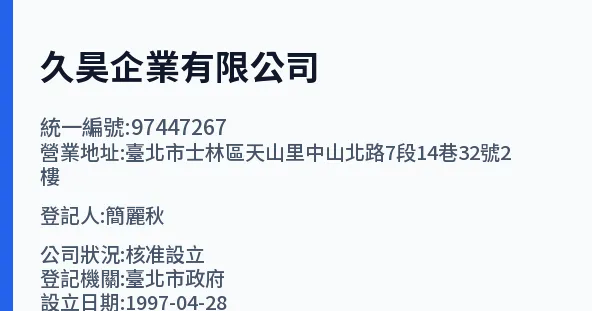 久昊企業有限公司的照片-統編 97447267(臺北市) 公司登記資料與營業項目詳細圖表