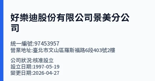 好樂迪股份有限公司景美分公司的照片-統編 97453957(臺北市) 公司登記資料與營業項目詳細圖表