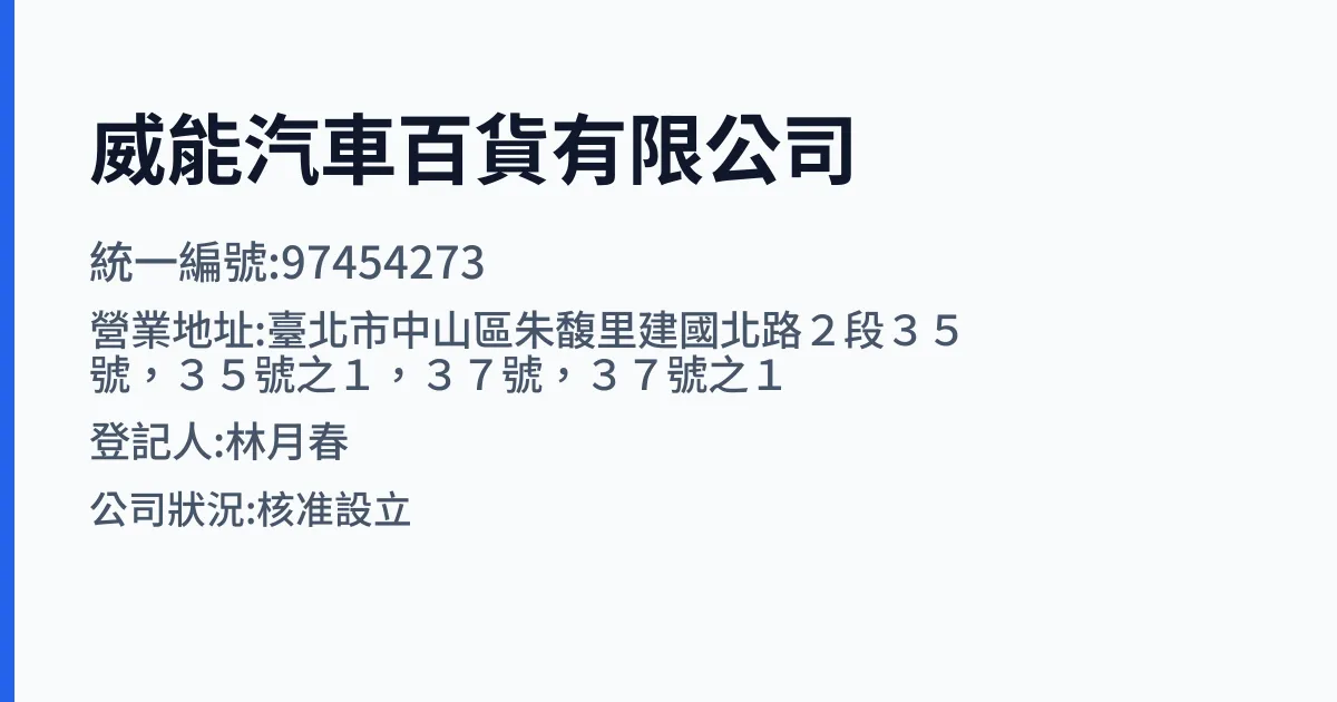 威能汽車百貨有限公司 - 統編 97454273(臺北市) 公司登記資料與營業項目詳細圖表