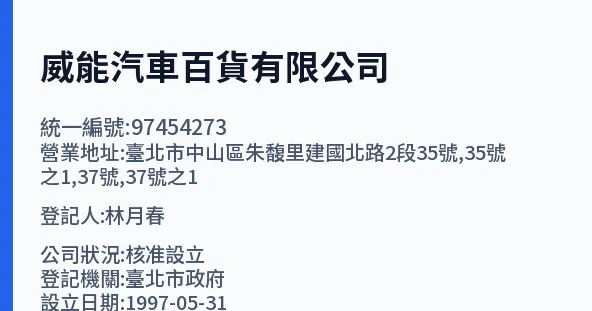 威能汽車百貨有限公司的照片-統編 97454273(臺北市) 公司登記資料與營業項目詳細圖表