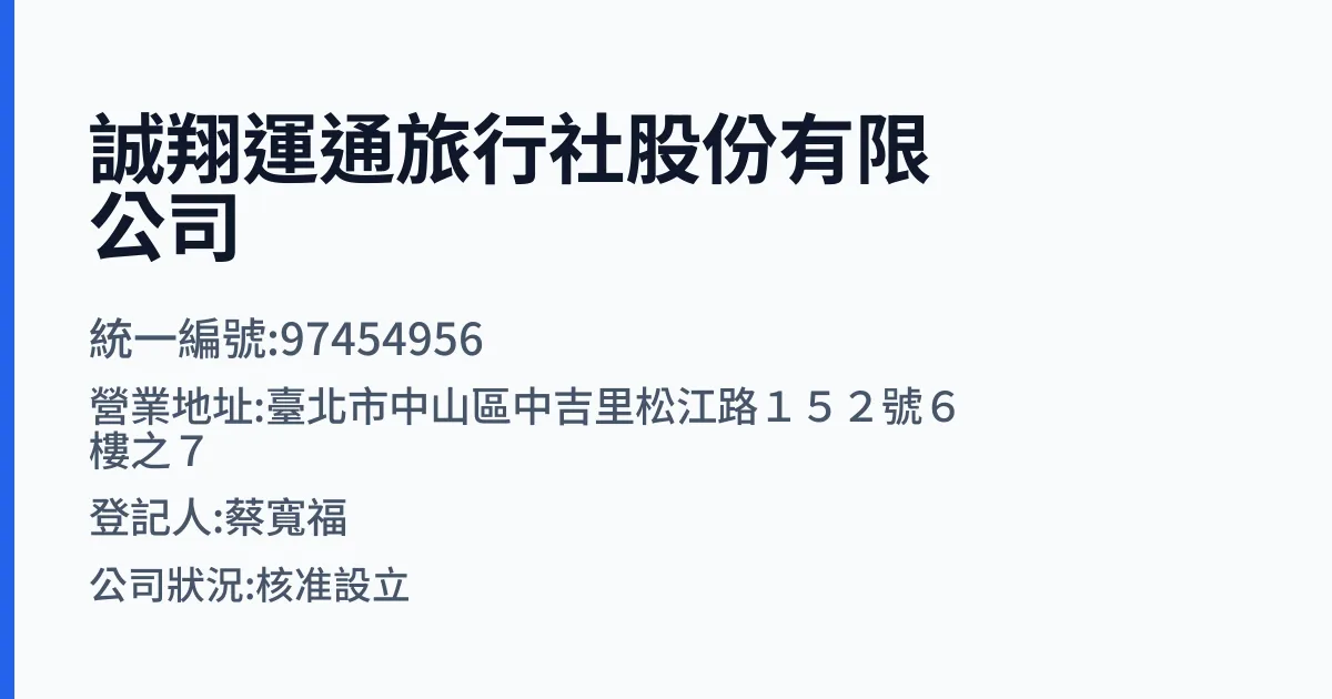 誠翔運通旅行社股份有限公司 - 統編 97454956(臺北市) 公司登記資料與營業項目詳細圖表