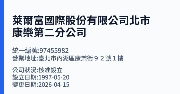 萊爾富國際股份有限公司北市康樂第二分公司的照片-統編 97455982(臺北市) 公司登記資料與營業項目詳細圖表