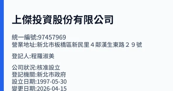 上傑投資股份有限公司的照片-統編 97457969(新北市) 公司登記資料與營業項目詳細圖表