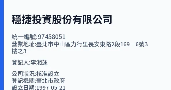 穩捷投資股份有限公司的照片-統編 97458051(臺北市) 公司登記資料與營業項目詳細圖表