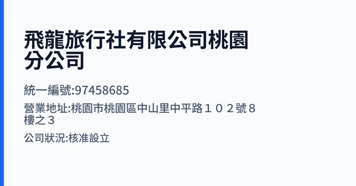飛龍旅行社有限公司桃園分公司 - 統編 97458685(桃園市) 公司登記資料與營業項目詳細圖表