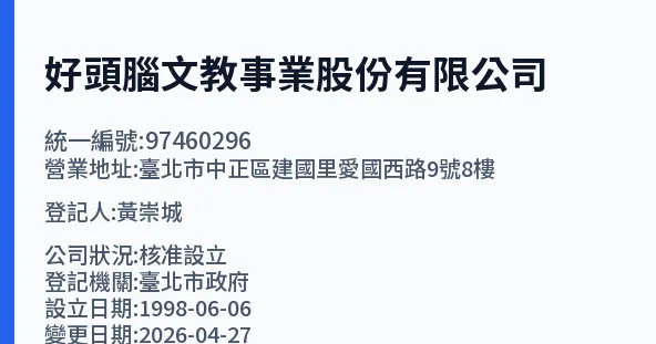 好頭腦文教事業股份有限公司的照片-統編 97460296(臺北市) 公司登記資料與營業項目詳細圖表