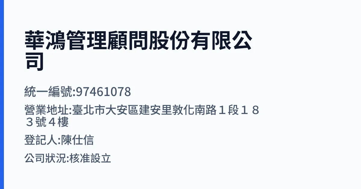 華鴻管理顧問股份有限公司 - 統編 97461078(臺北市) 公司登記資料與營業項目詳細圖表