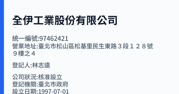 全伊工業股份有限公司的照片-統編 97462421(臺北市) 公司登記資料與營業項目詳細圖表