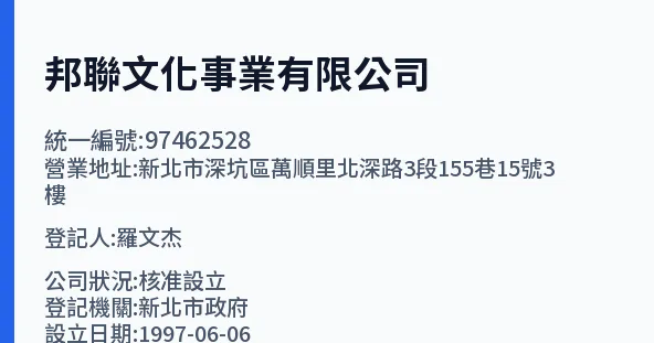 邦聯文化事業有限公司的照片-統編 97462528(新北市) 公司登記資料與營業項目詳細圖表