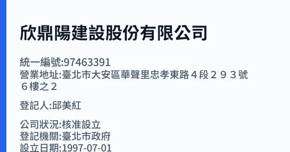 欣鼎陽建設股份有限公司的照片-統編 97463391(臺北市) 公司登記資料與營業項目詳細圖表