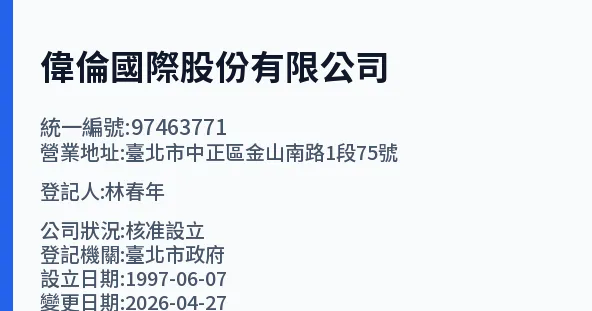 偉倫國際股份有限公司的照片-統編 97463771(臺北市) 公司登記資料與營業項目詳細圖表