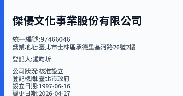 傑優文化事業股份有限公司的照片-統編 97466046(臺北市) 公司登記資料與營業項目詳細圖表