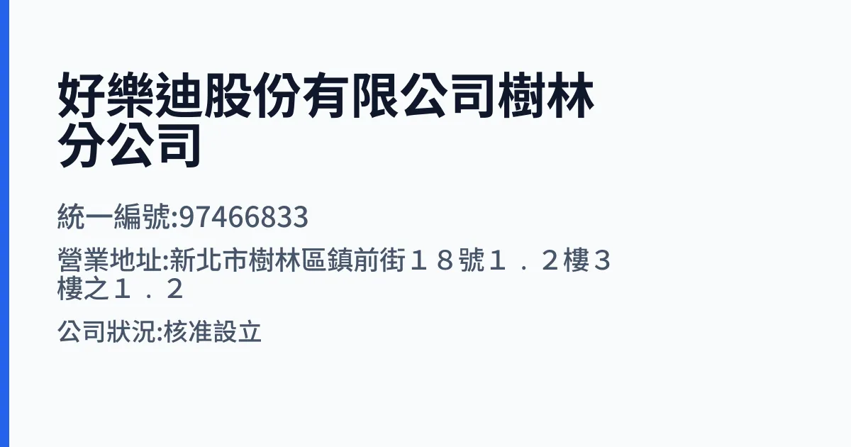 好樂迪股份有限公司樹林分公司 - 統編 97466833(新北市) 公司登記資料與營業項目詳細圖表