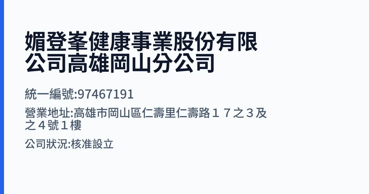 媚登峯健康事業股份有限公司高雄岡山分公司 - 統編 97467191(高雄市) 公司登記資料與營業項目詳細圖表