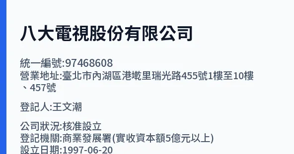 八大電視股份有限公司的照片-統編 97468608(臺北市) 公司登記資料與營業項目詳細圖表
