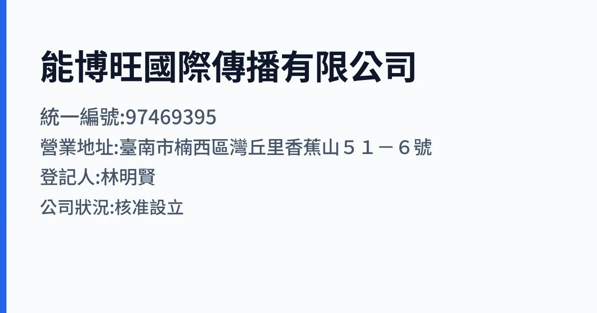 能博旺國際傳播有限公司 - 統編 97469395(臺南市) 公司登記資料與營業項目詳細圖表