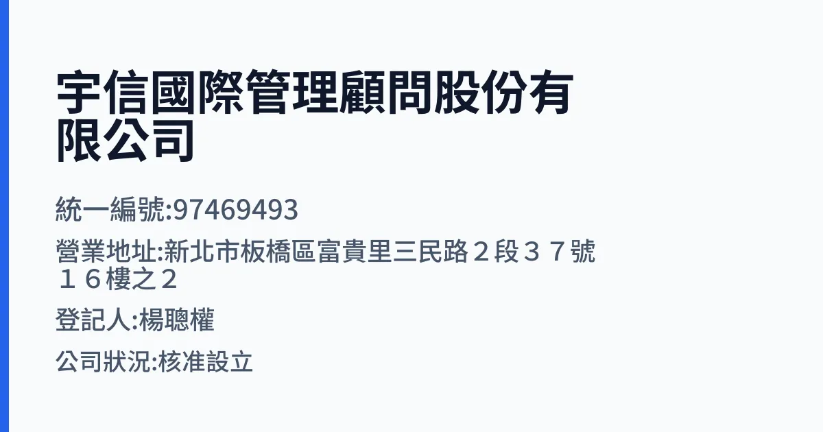 宇信國際管理顧問股份有限公司 - 統編 97469493(新北市) 公司登記資料與營業項目詳細圖表