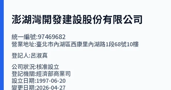 澎湖灣開發建設股份有限公司的照片-統編 97469682(臺北市) 公司登記資料與營業項目詳細圖表