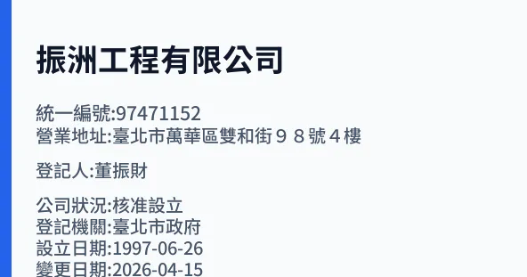 振洲工程有限公司的照片-統編 97471152(臺北市) 公司登記資料與營業項目詳細圖表