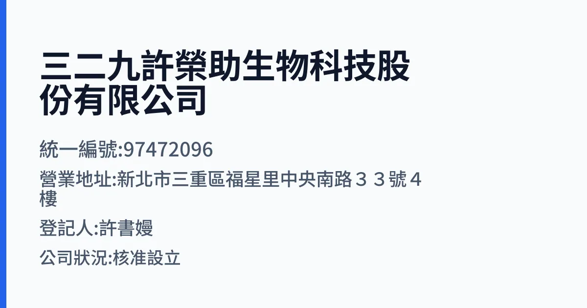 三二九許榮助生物科技股份有限公司 - 統編 97472096(新北市) 公司登記資料與營業項目詳細圖表