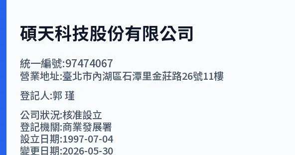碩天科技股份有限公司的照片-統編 97474067(臺北市) 公司登記資料與營業項目詳細圖表
