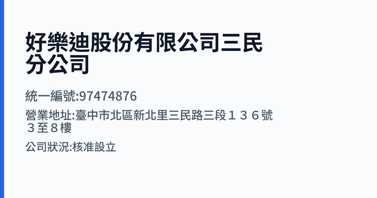好樂迪股份有限公司三民分公司 - 統編 97474876(臺中市) 公司登記資料與營業項目詳細圖表