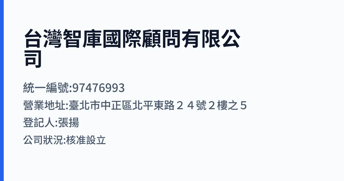 台灣智庫國際顧問有限公司 - 統編 97476993(臺北市) 公司登記資料與營業項目詳細圖表