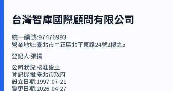 台灣智庫國際顧問有限公司的照片-統編 97476993(臺北市) 公司登記資料與營業項目詳細圖表