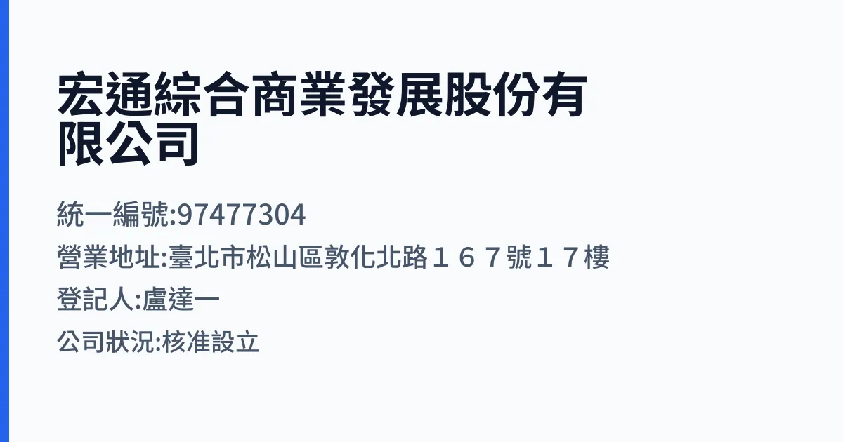 宏通綜合商業發展股份有限公司 - 統編 97477304(臺北市) 公司登記資料與營業項目詳細圖表