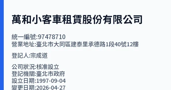 萬和小客車租賃股份有限公司的照片-統編 97478710(臺北市) 公司登記資料與營業項目詳細圖表