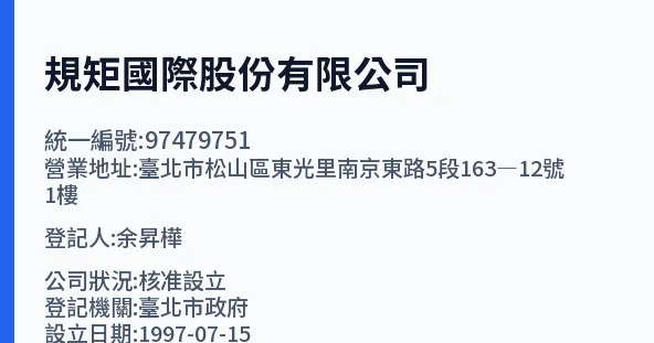 規矩國際股份有限公司的照片-統編 97479751(臺北市) 公司登記資料與營業項目詳細圖表