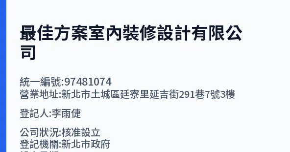 最佳方案室內裝修設計有限公司的照片-統編 97481074(新北市) 公司登記資料與營業項目詳細圖表