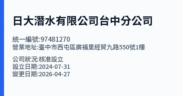 日大潛水有限公司台中分公司的照片-統編 97481270(臺中市) 公司登記資料與營業項目詳細圖表