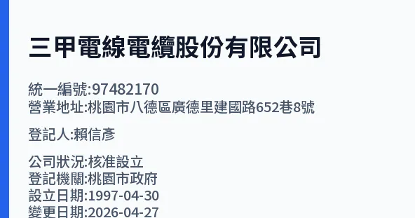 三甲電線電纜股份有限公司的照片-統編 97482170(桃園市) 公司登記資料與營業項目詳細圖表