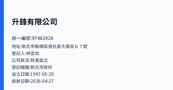 升鋒有限公司的照片-統編 97482926(新北市) 公司登記資料與營業項目詳細圖表