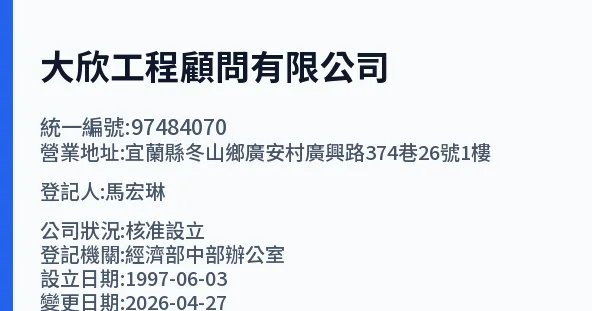大欣工程顧問有限公司的照片-統編 97484070(宜蘭縣) 公司登記資料與營業項目詳細圖表